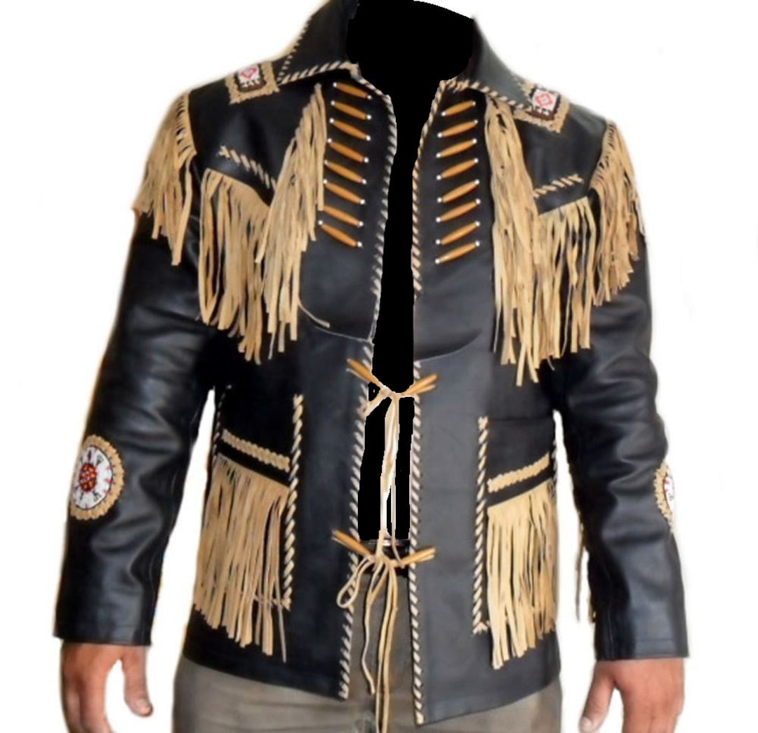 Men's Western Black Buckskin Leather Fringe Beaded Jacket WBL30 - Etsy