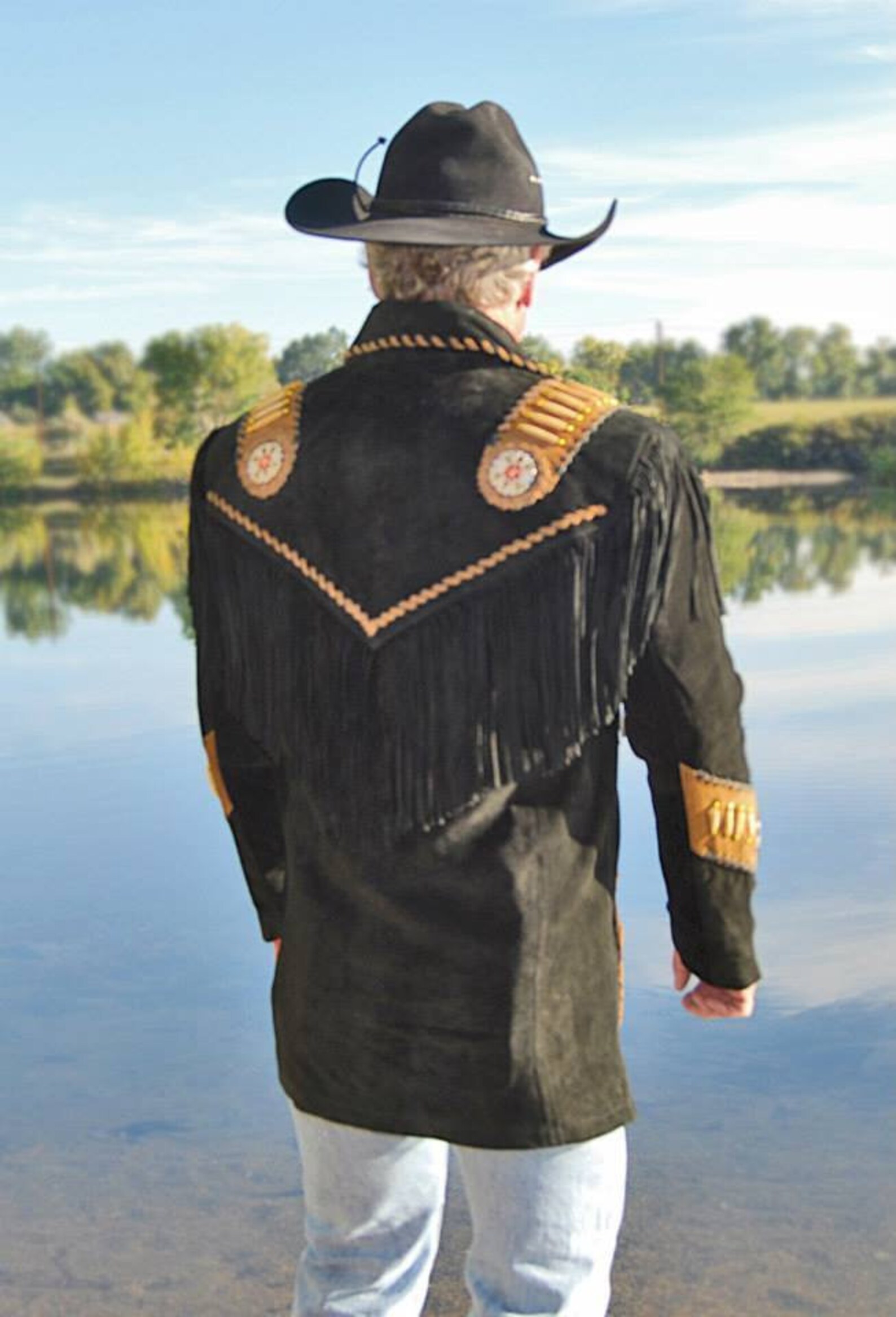Men's Western Black Buckskin Suede Leather Fringe Beaded Jacket WBL430 ...