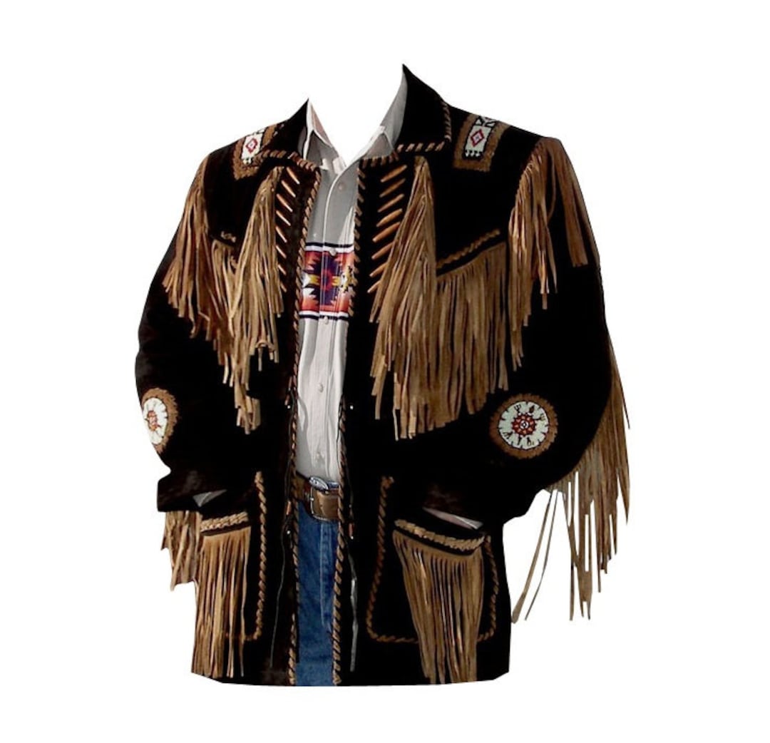 Men's Western Black Buckskin Suede Leather Fringe Beaded Jacket WBL34 ...