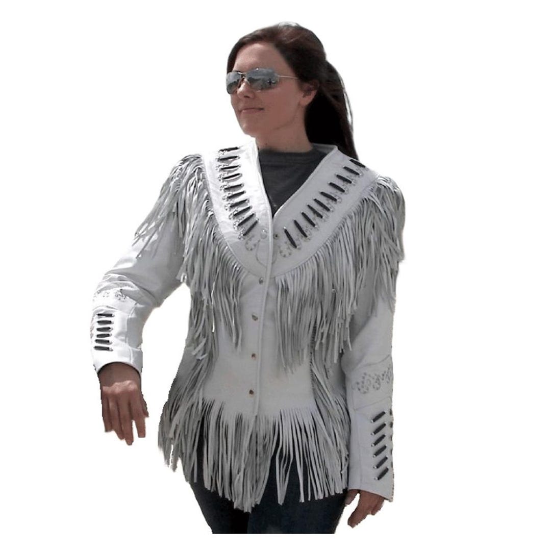Cowgirl Western Buckskin White Leather Fringe Jacket With Bones and ...