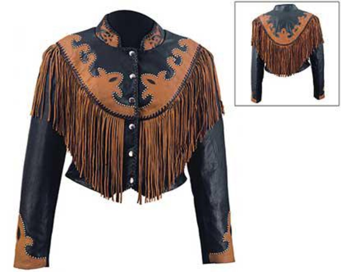 Cowgirl Western Buckskin Black Leather Fringe Jacket Studded for Woman ...