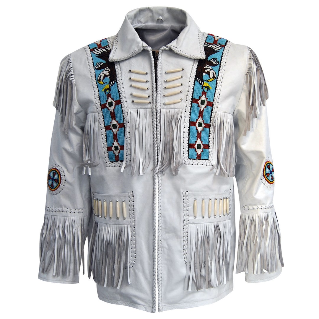 Men's Western Brown Buckskin Leather Fringe Eagle Beaded Jacket WBRJ22 ...
