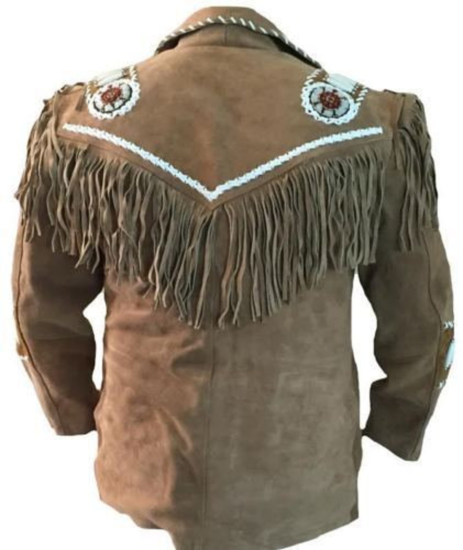 Men's Western Brown Buckskin Suede Leather Fringe Beaded Jacket WBJ03 ...