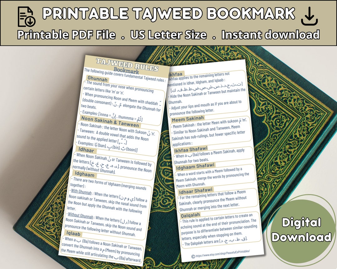 Printable Tajweed Bookmark Tajweed Rules Islamic Bookmark - Etsy Australia
