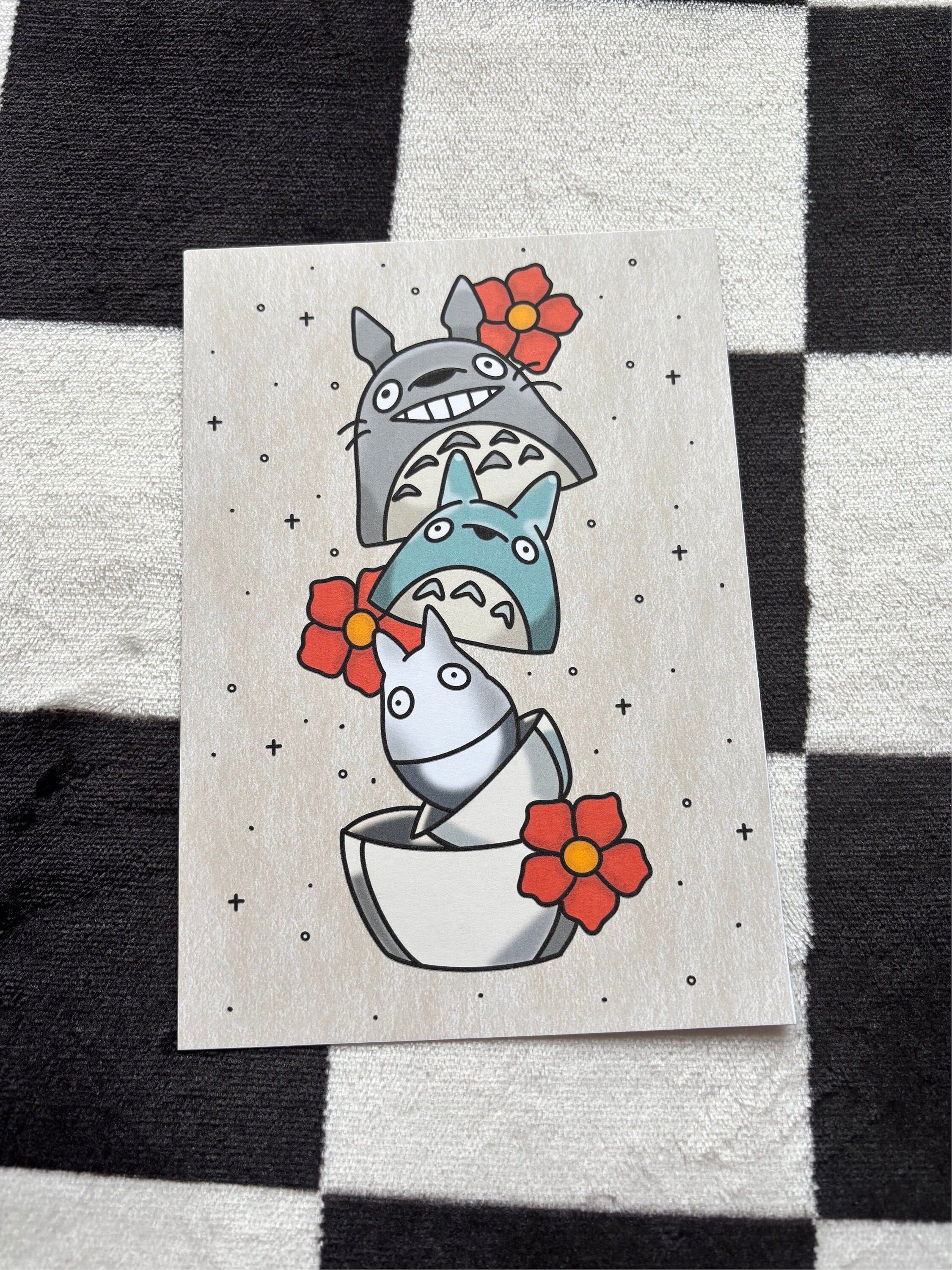 Totoro Teacup Floral Tattoo Flash A5 Art Print - Japan Japanese Ghibli ...