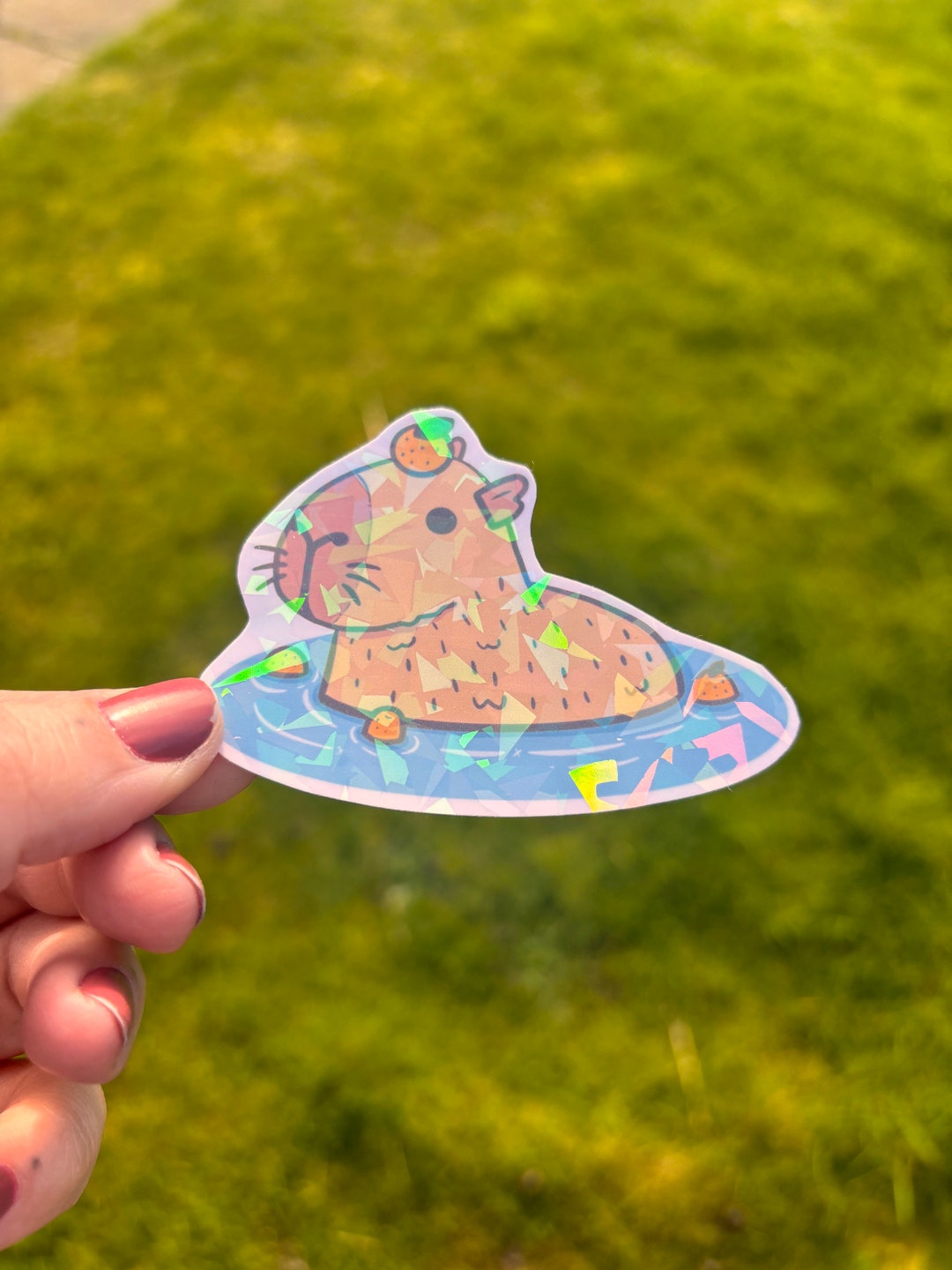 Cute Relaxed Orange Hat Capybara Holographic Shards Sticker Gift Swag ...