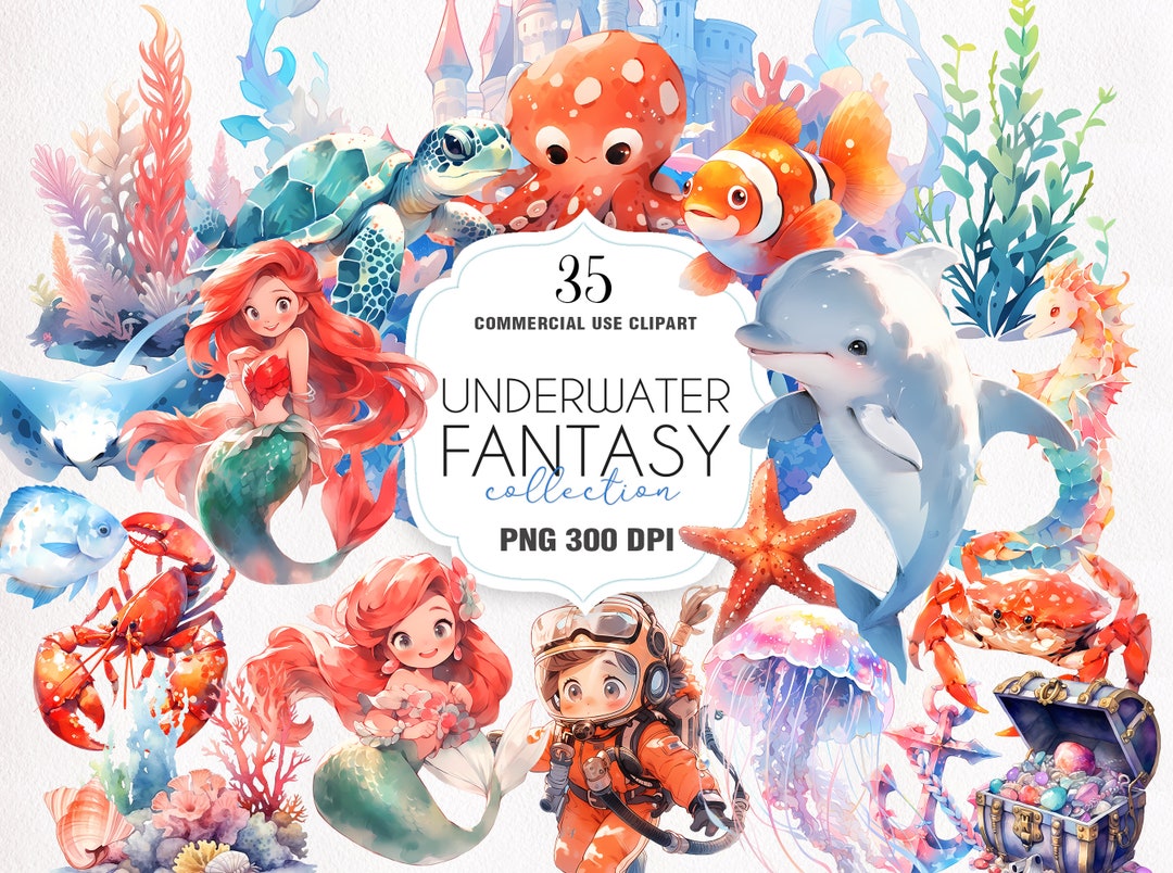 Underwater Fantasy Watercolor Clipart Set, Mermaid, Turtle, Ocean ...