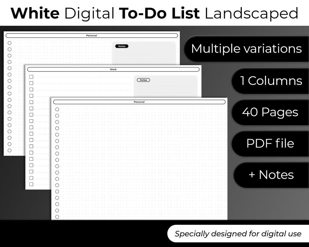 Landscaped To-do List Pack: Personal and Work 1 Column White Heading - Etsy