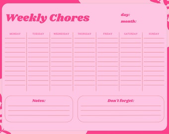 Printable Personalized Chore Chart Pink Weekly Chore Chart - Etsy