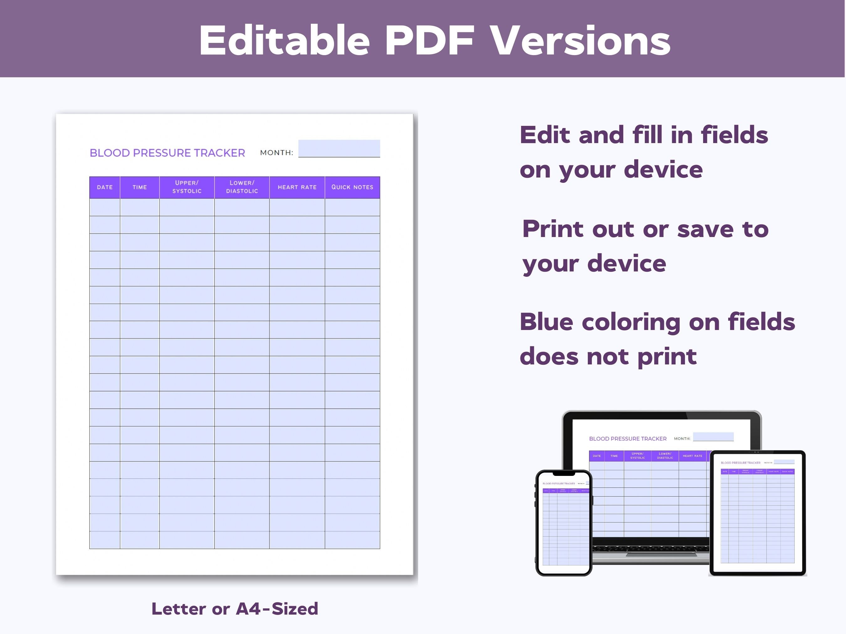 Blood Pressure Log Printable Template, Editable Blood Pressure Chart ...