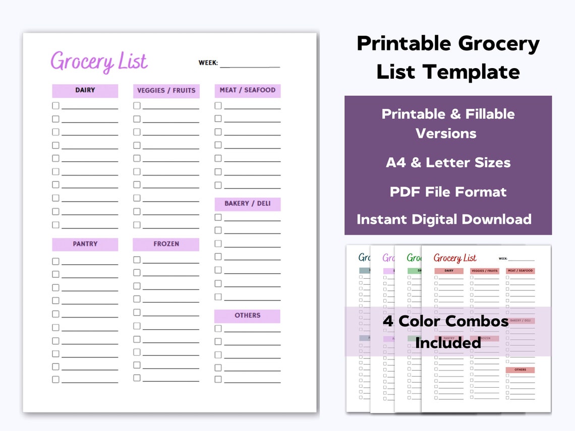 Grocery List Printable Template, Food List, Grocery Shopping Planner ...