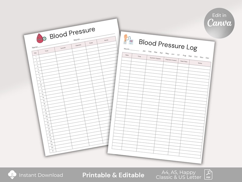 Blood Pressure Log Printable, Daily Medical Tracker (editable in Canva ...