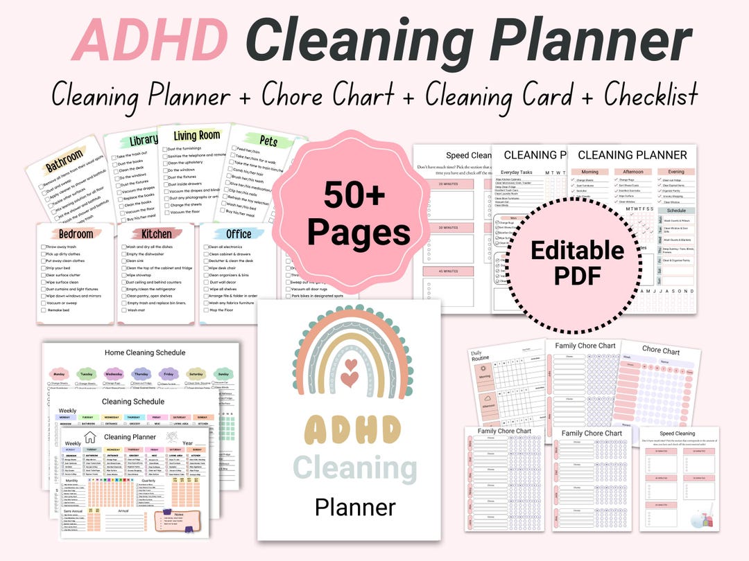 EDITABLE ADHD Cleaning Checklist Bundle, ADHD Cleaning Schedule Planner ...