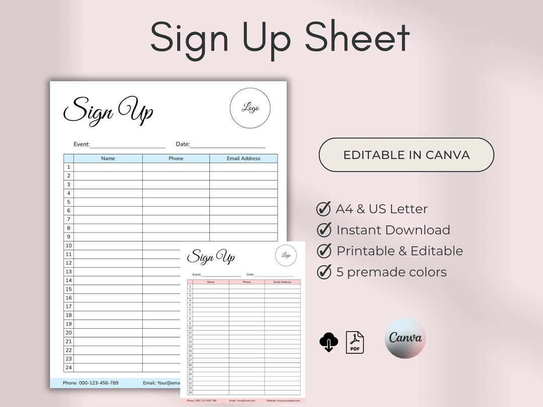 Editable Sign up Sheet Template, Event Sign up Sheet, Volunteer Sign Up ...