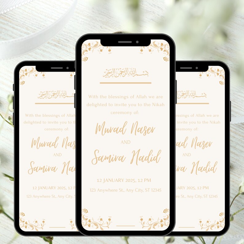 Editable Islamic Nikkah Invitation Template | Pink Gold Floral Muslim ...