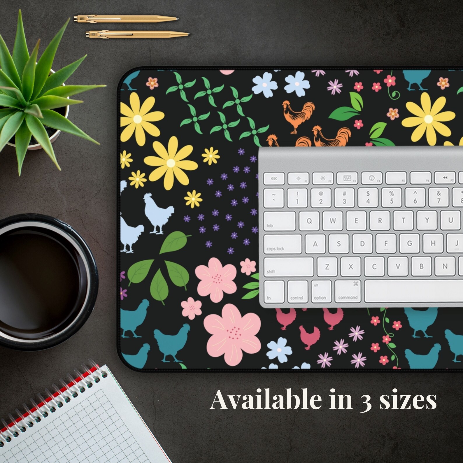 Floral Desk Mat With Chickens Farmhouse Home Office Decor Vibrant ...