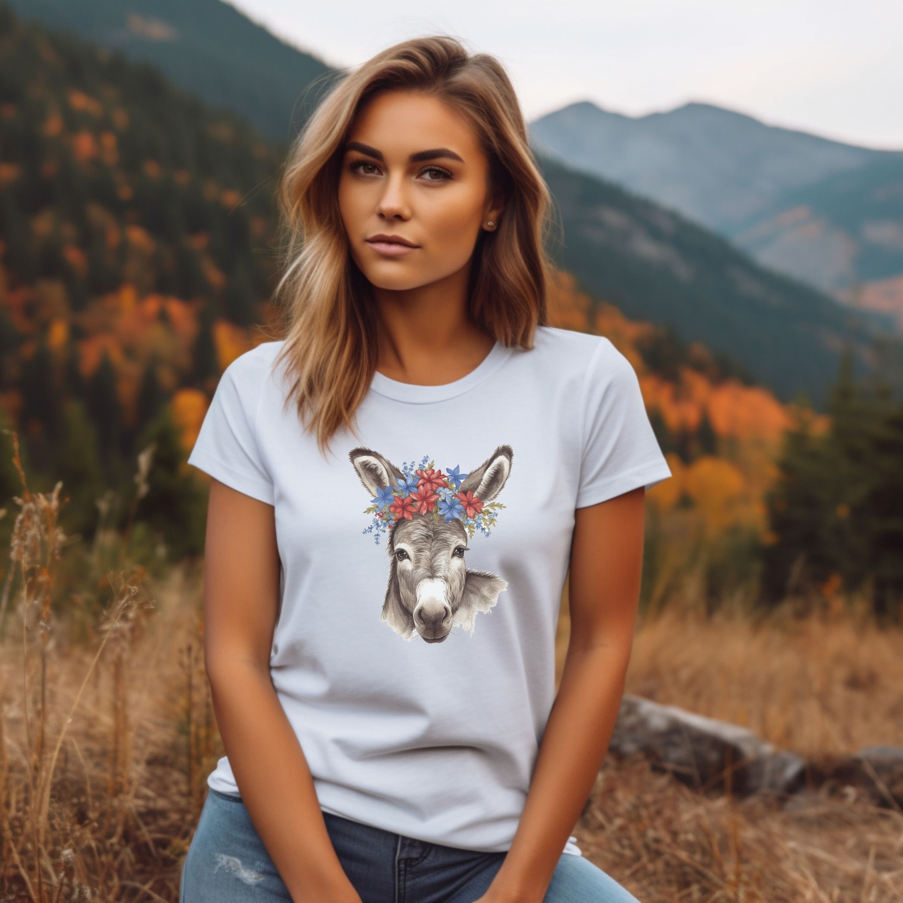 Floral Donkey Tshirt // Cute Donkey Mom T-shirt for Fourth of July // Patriotic Donkey Lover ...