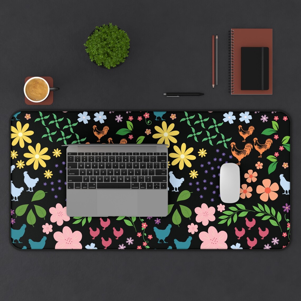 Floral Desk Mat With Chickens Farmhouse Home Office Decor Vibrant ...