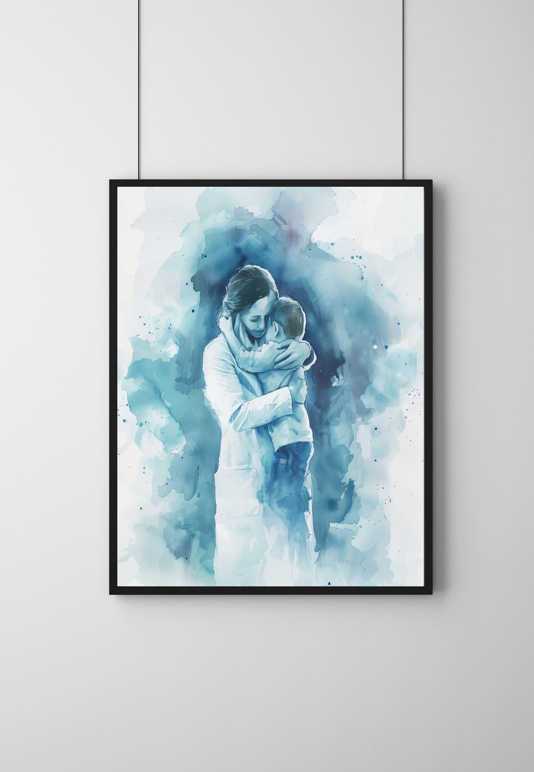 Blue Palette Soft-toned Art of Doctor Mom Embracing Child Post-shift ...