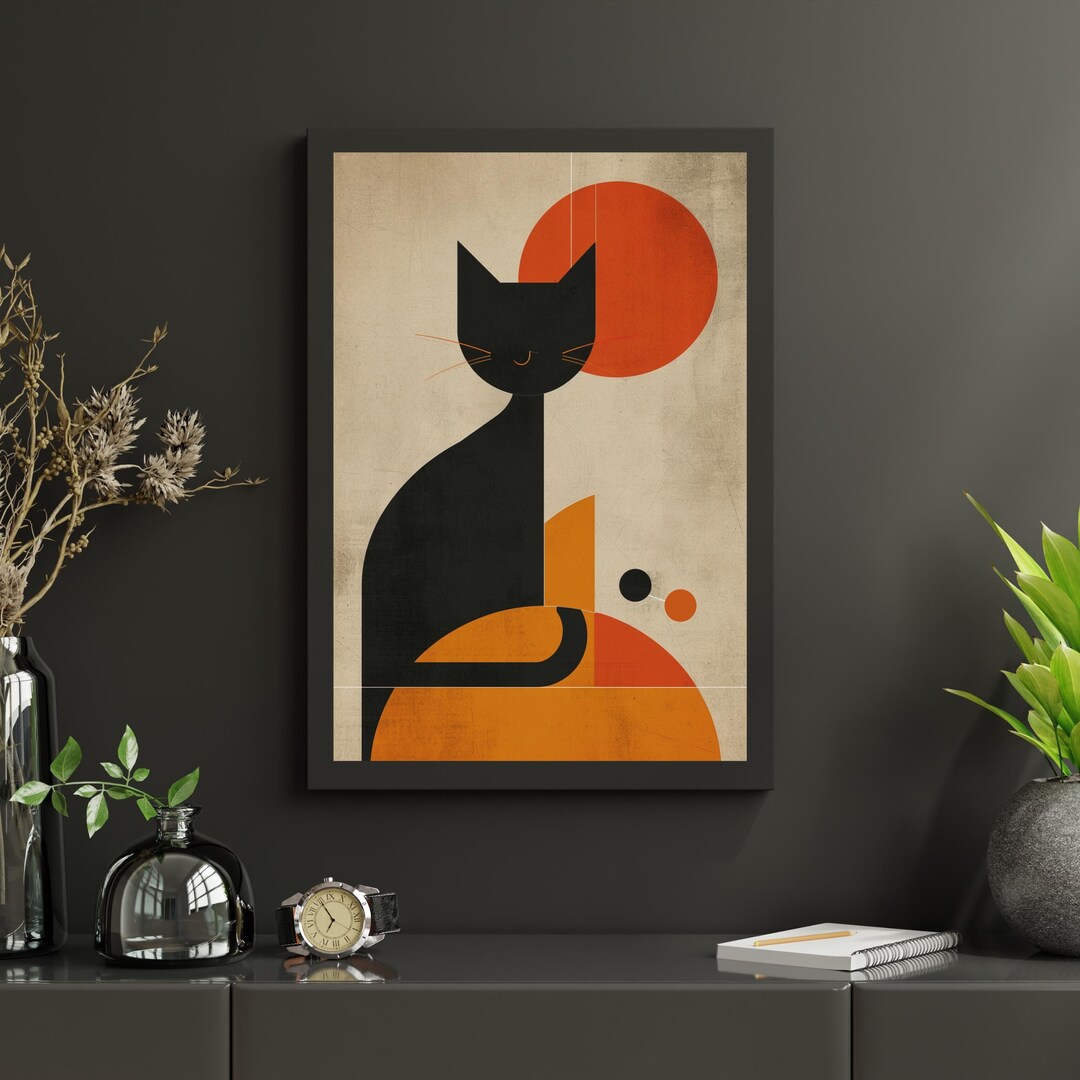 Retro Black Cat Art Print: 50s Geometric Sleuth Style (digital Download ...