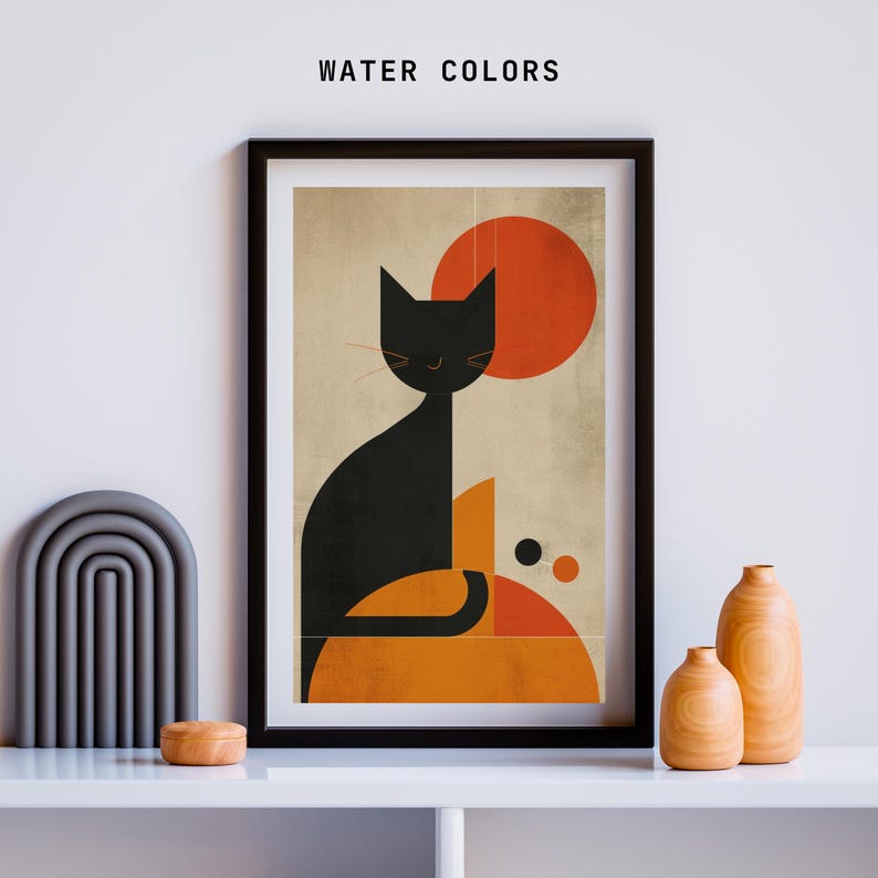 Retro Black Cat Art Print: 50s Geometric Sleuth Style (digital Download ...