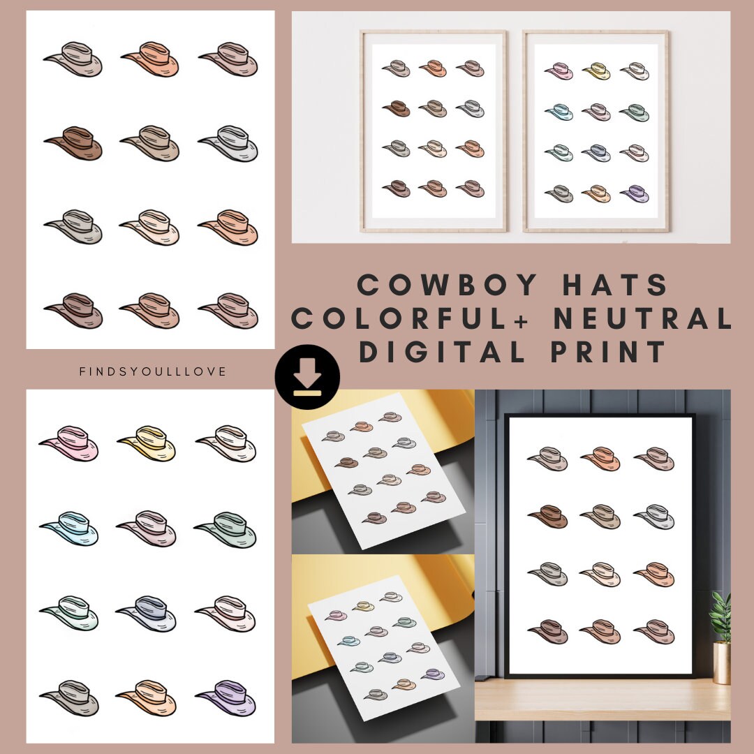 DIGITAL Neutral + Colorful Cowboy Hat Print | Wall and Desk Art ...