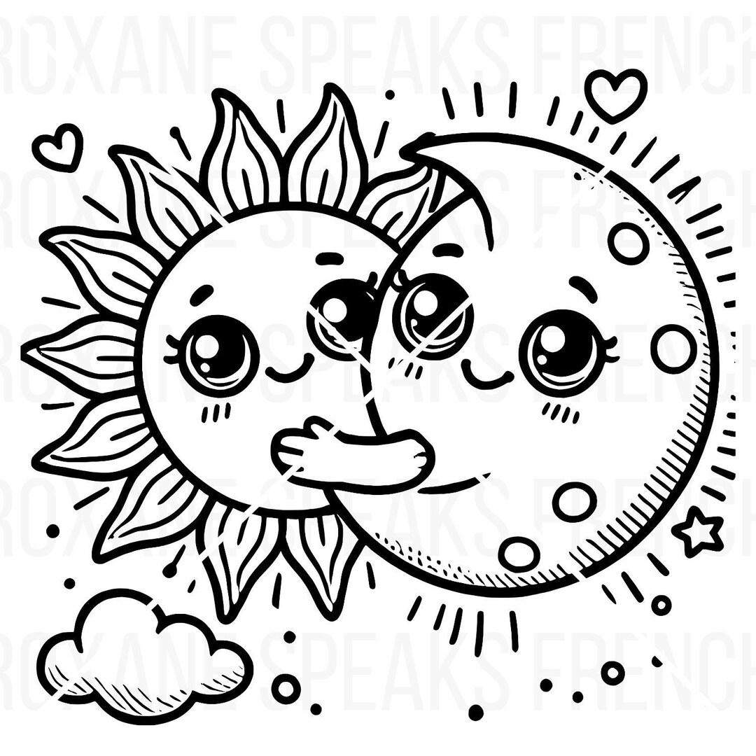 Sun and Moon SVG and Clipart - Cute Kawaii Celestial Outline PNG for ...
