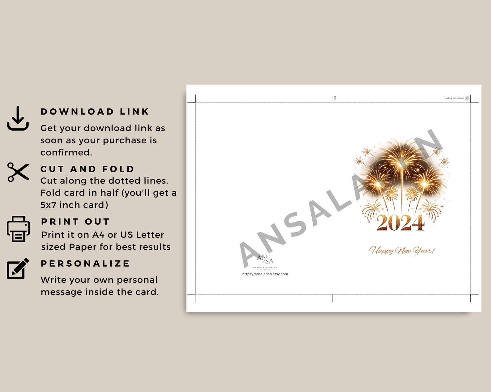 Happy New Year, Printable Card, Printable New Years Card, Digital ...