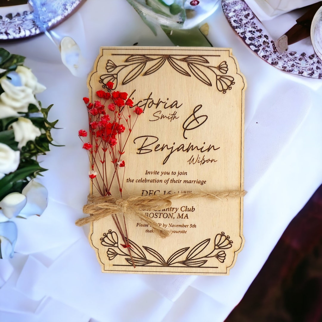 Classical Wood Wedding Invitation Set, Wooden Invitations With Flower ...