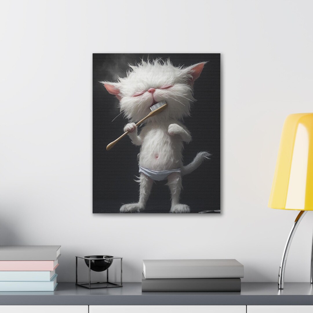 Canvas Wall Art, Disheveled Cat in Underwear Brushing Teeth, Moody Home ...