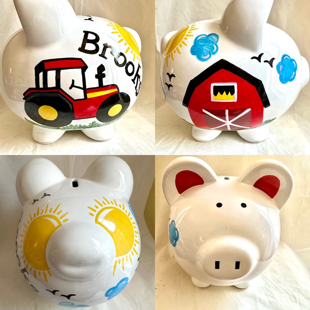 Red Tractor and Red Barnyard-farm-personalized Hand Painted Piggy Bank ...