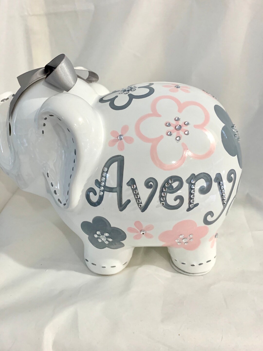 Personalized Hand Painted Pink Gray Grey Flower Elephant Piggy Bank ...