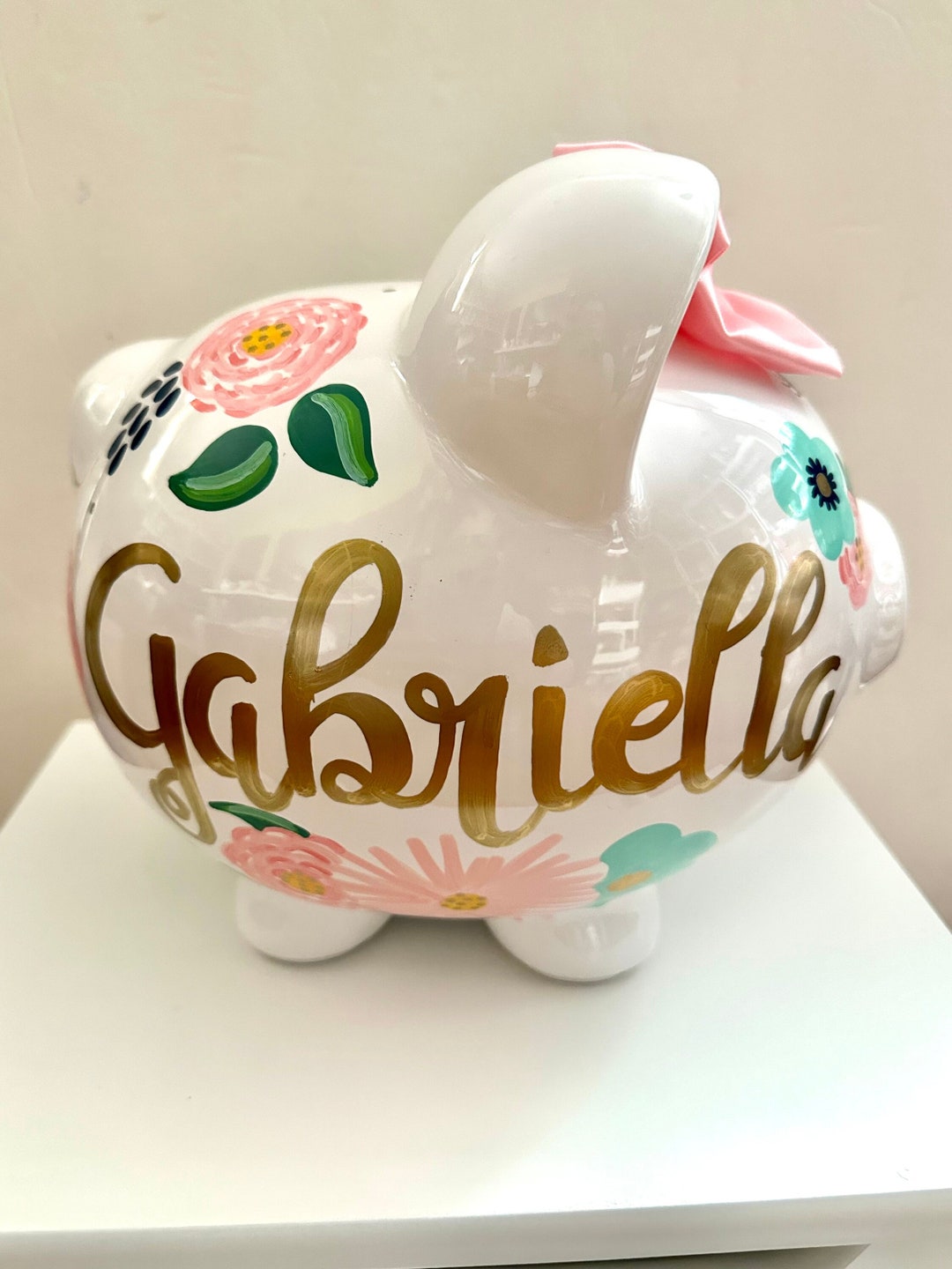 Personalized Hand Painted Shabby Chic Gold , Pink,mint Flower Baby Girl ...
