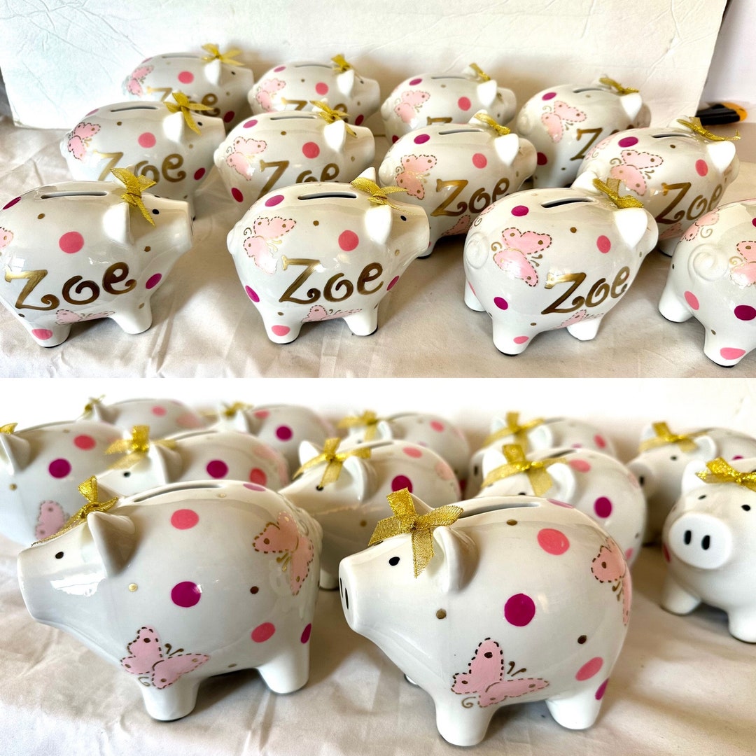 Personalized Hand Painted Pink Gold Butterfly Polka Dots Piggy Banks ...