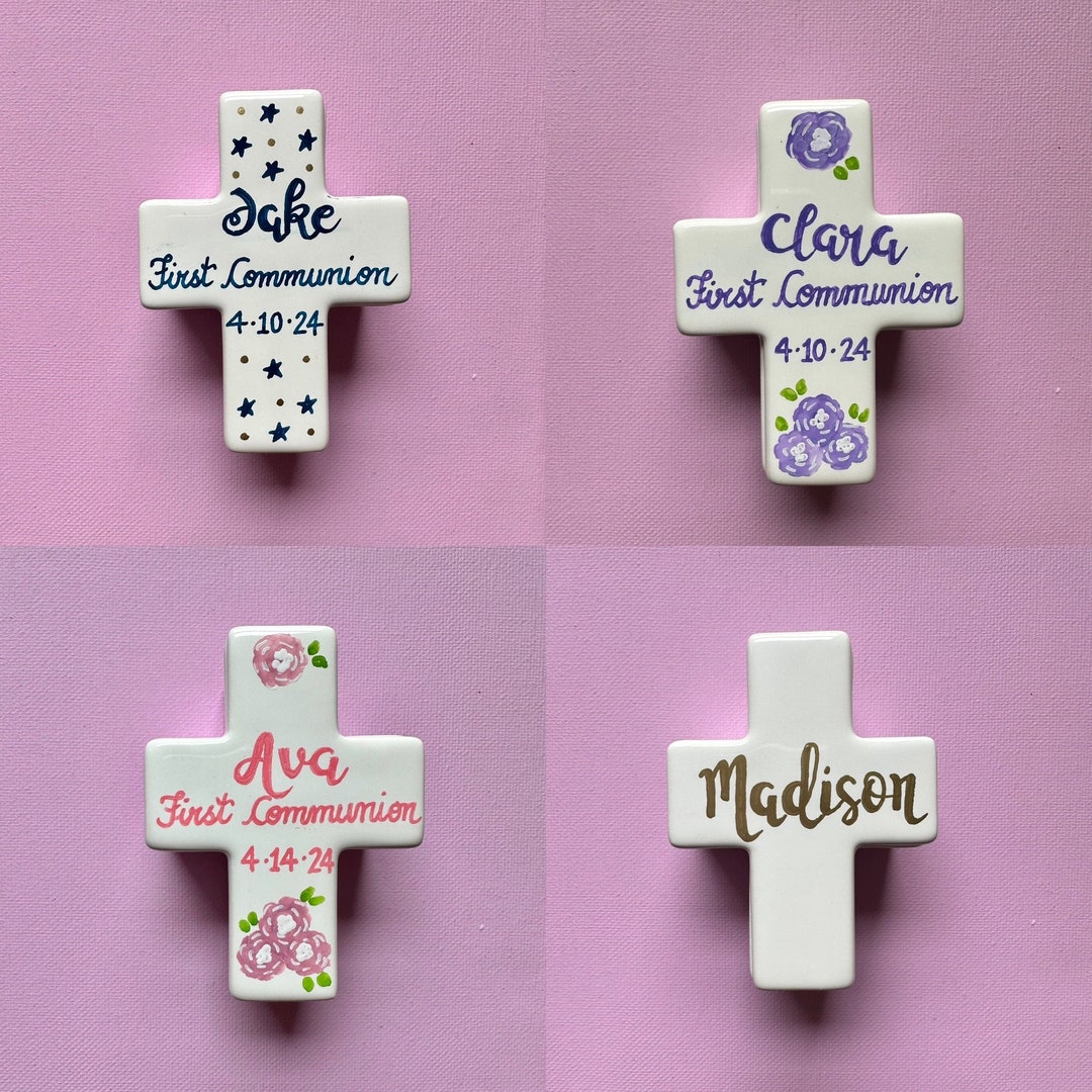 Personalized Hand Painted Blue Pink Religious Cross Baptism Christening ...
