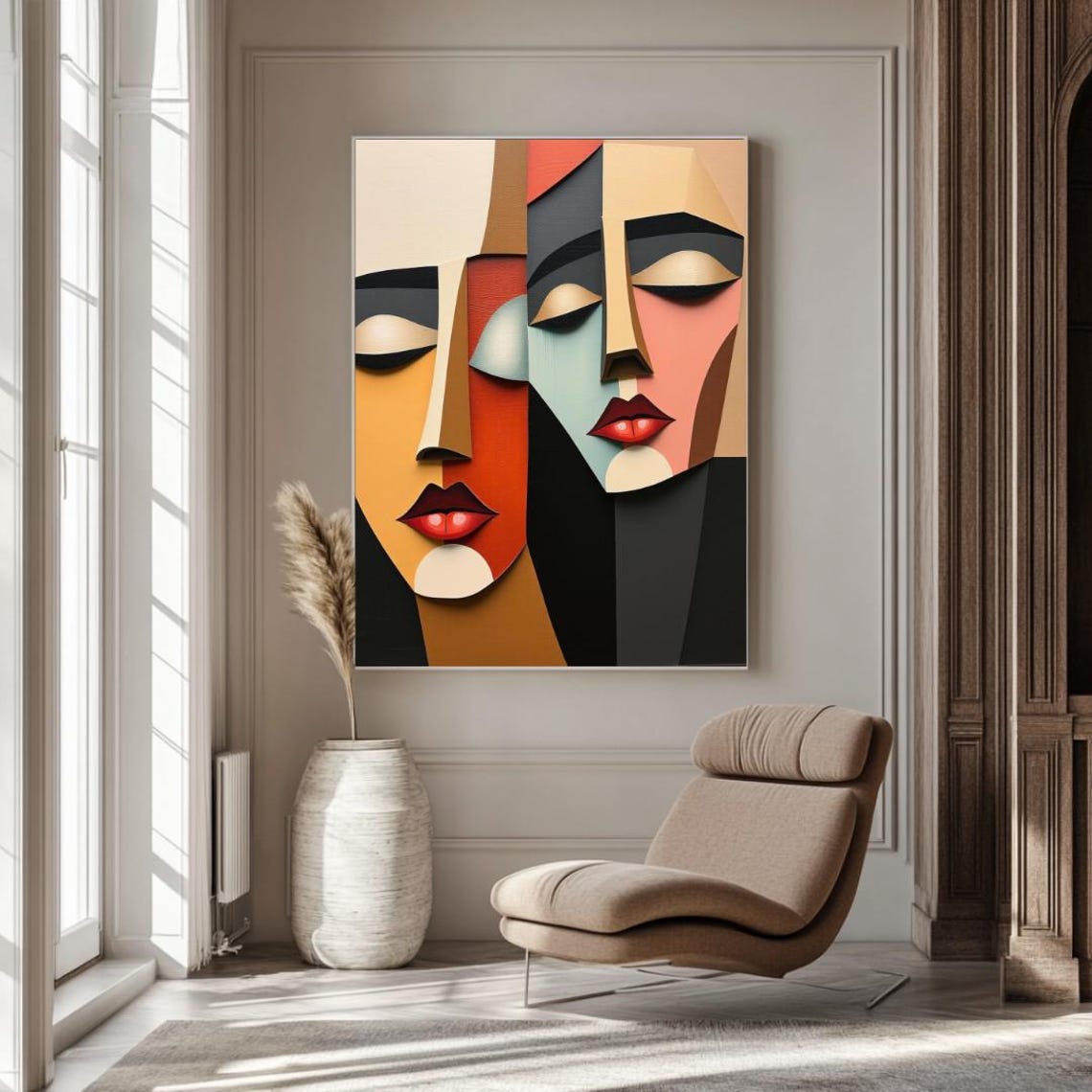 Abstract Cubism Faces Print on Canvas, Abstract Portrait Canvas Wall ...