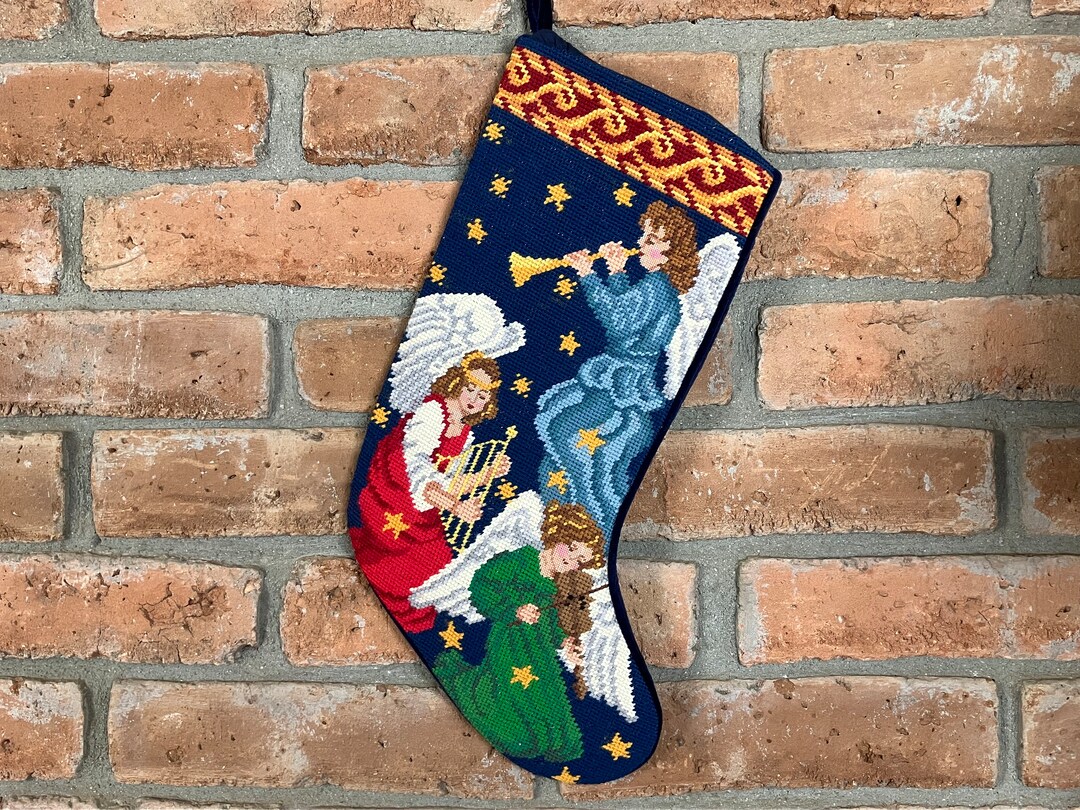 Vintage Needle Point Christmas Stocking Angels Wool Country Snow - Etsy