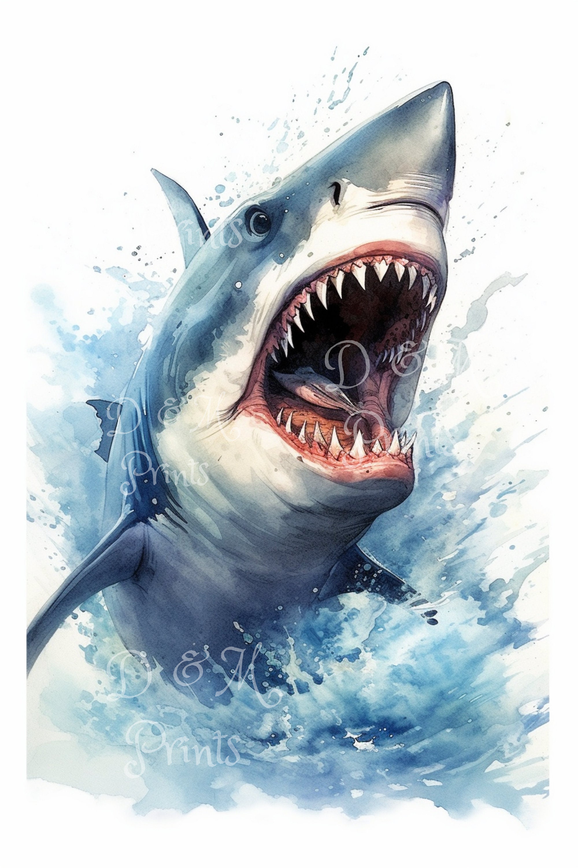 Great White Shark Print, Digital Wall Decor, Watercolor Great White ...