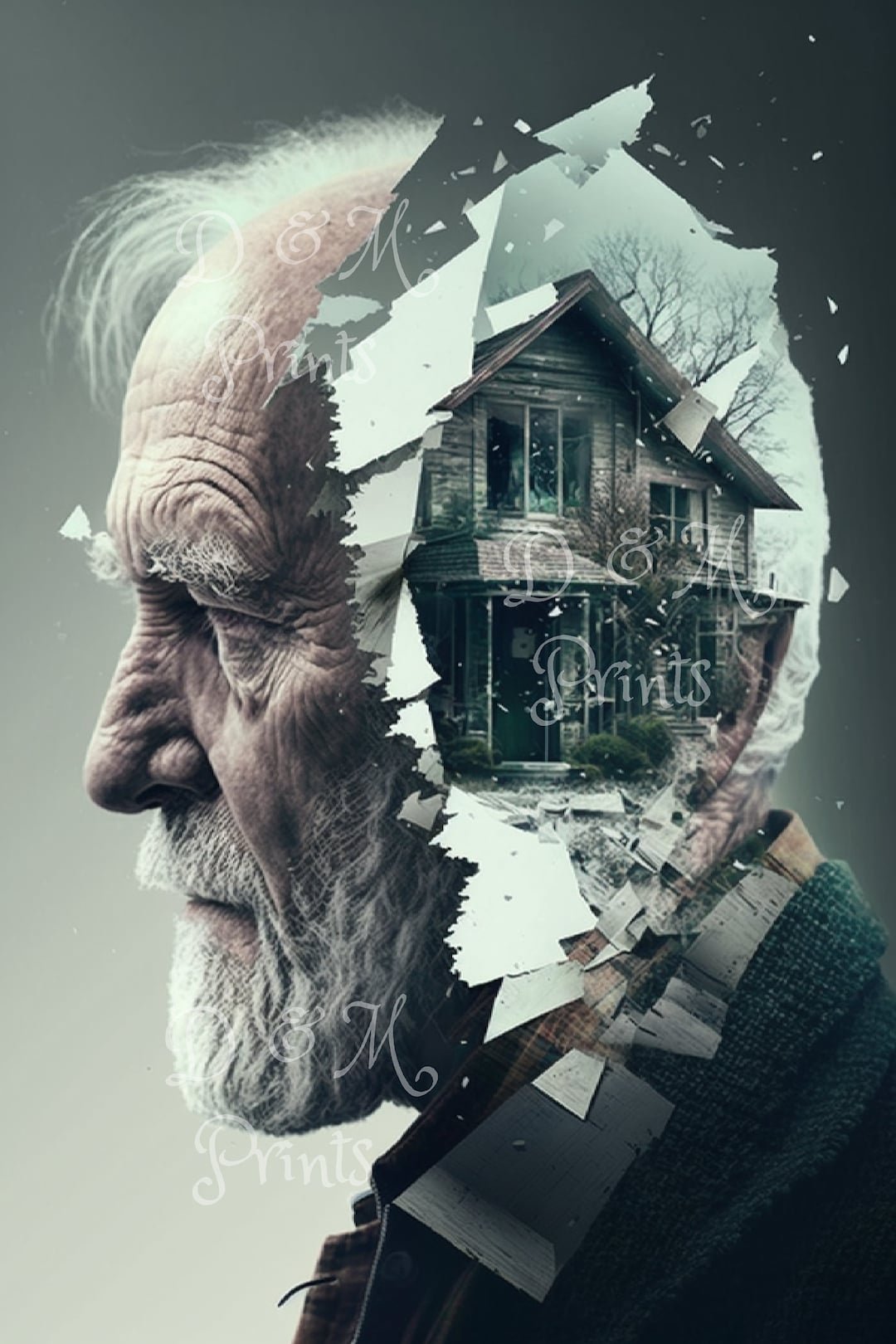 Sad Old Man Print, Digital Wall Decor, Double Exposure Wall Print ...