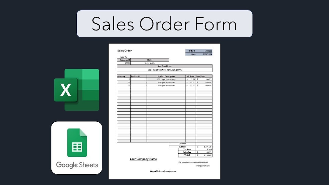 Sales Order Form Template | Excel | Google Sheets | PDF - Etsy