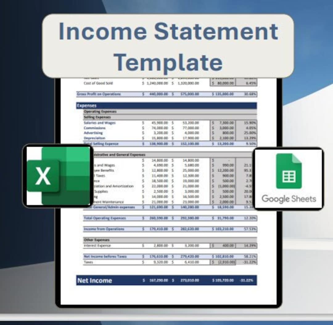 Income Statement Template excel & Google Sheets - Etsy