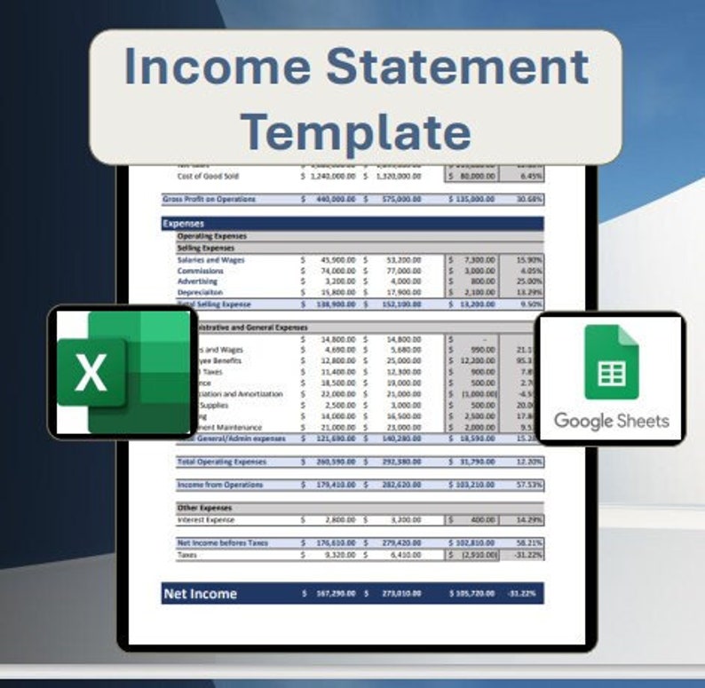 Income Statement Template excel & Google Sheets - Etsy