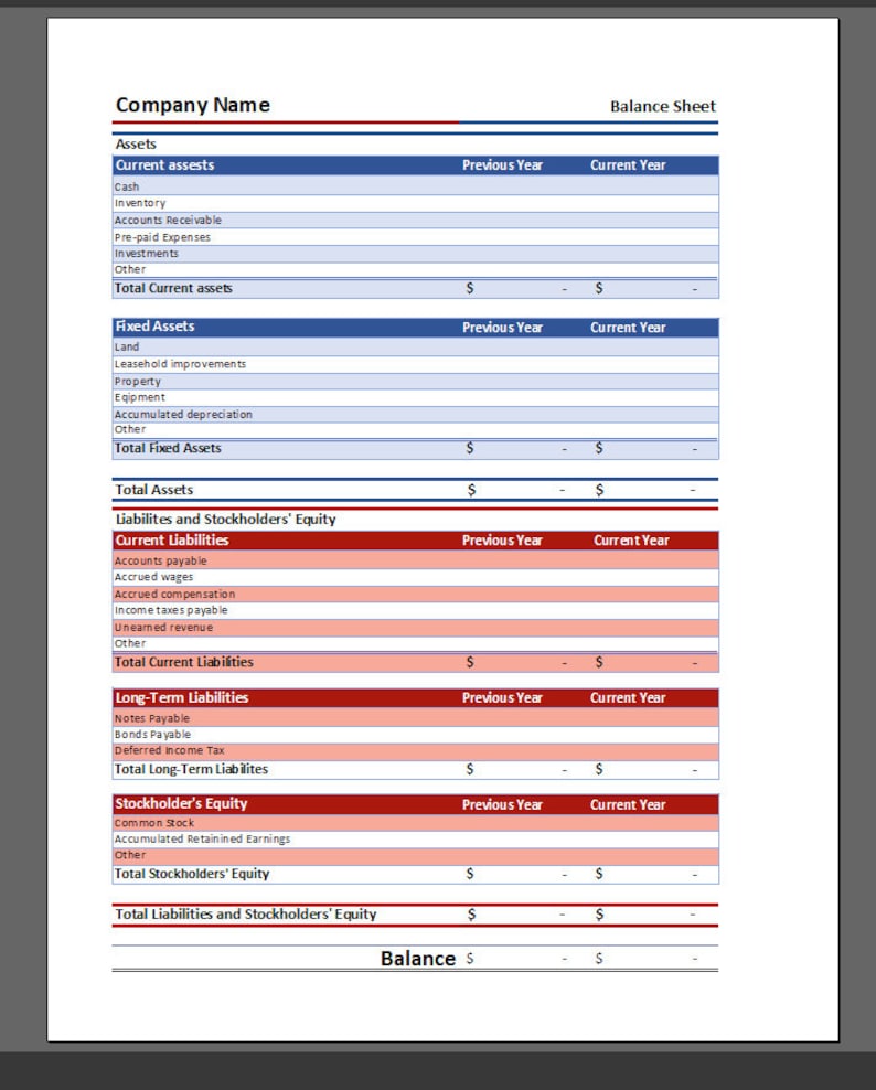 Balance Sheet Template | Google Sheets | Excel - Etsy