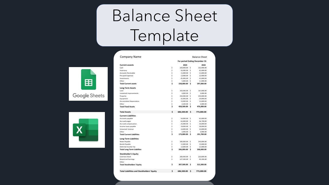 Balance Sheet Template | Excel | Google Sheets | Financial Statement - Etsy