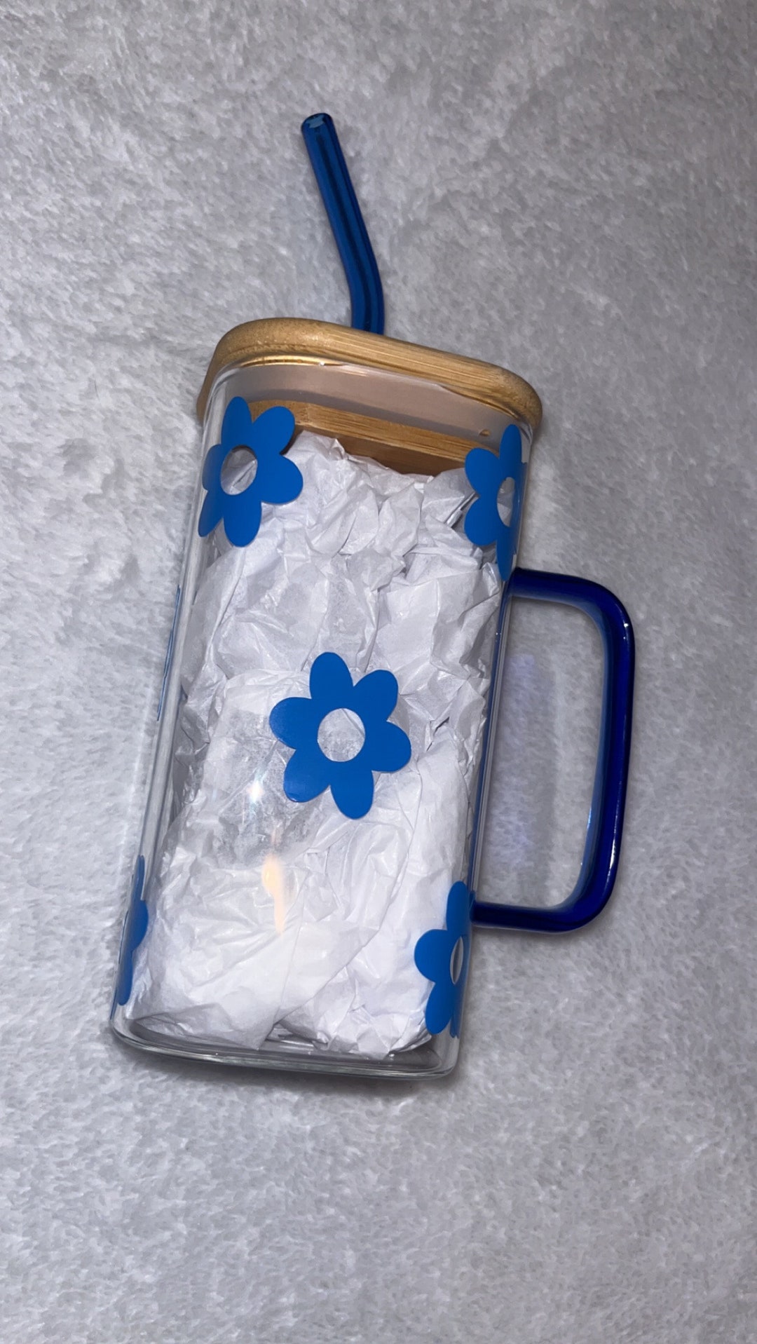 Blue Flower Square Glass Can - Etsy