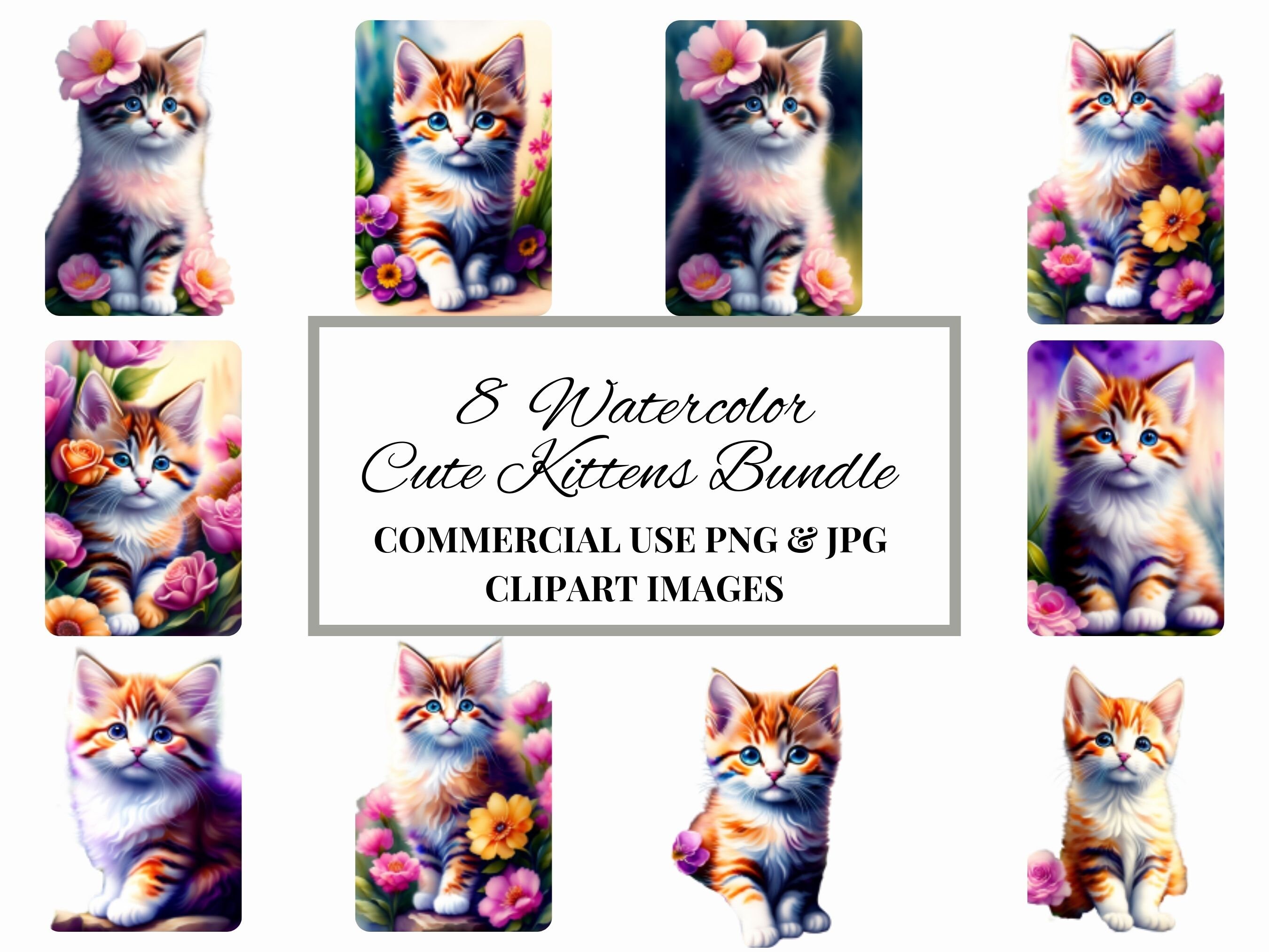 Cute Kitten Clip Art, Boho Floral Cat Clipart, Instant Digital Download ...