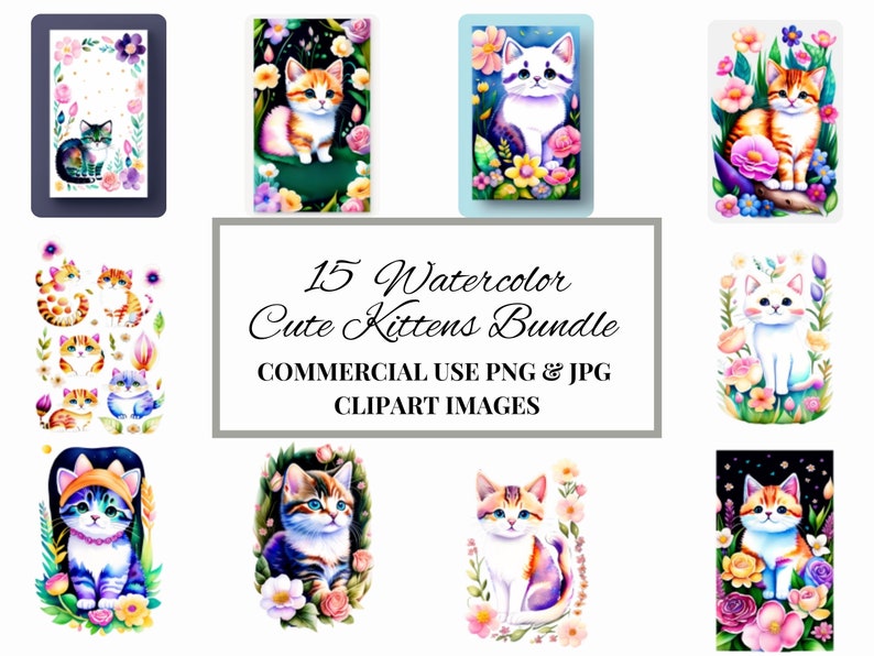 Cute Kitten Clip Art, Boho Floral Cat Clipart, Instant Digital Download ...