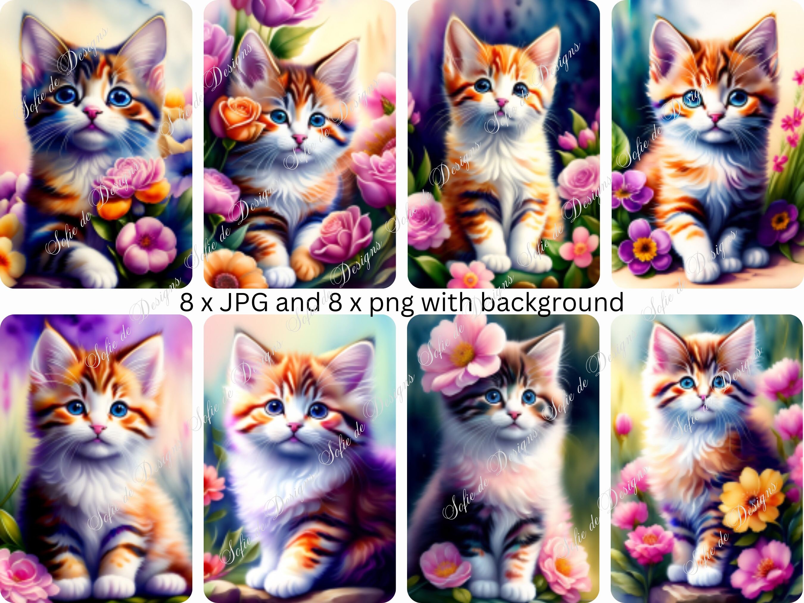 Cute Kitten Clip Art, Boho Floral Cat Clipart, Instant Digital Download ...