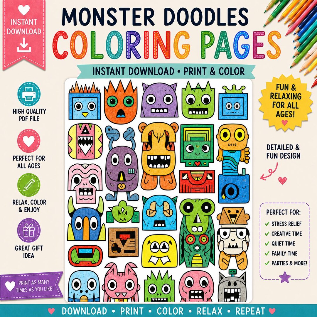 Monster Doodles Coloring Pages: 50 Printable Designs (digital Download ...
