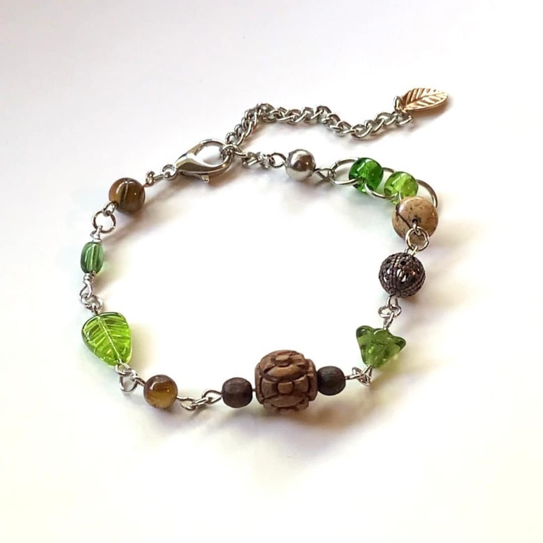 Nature Inspired Beaded Bracelet Cottage Core Wooden Carved Bead Tigers ...